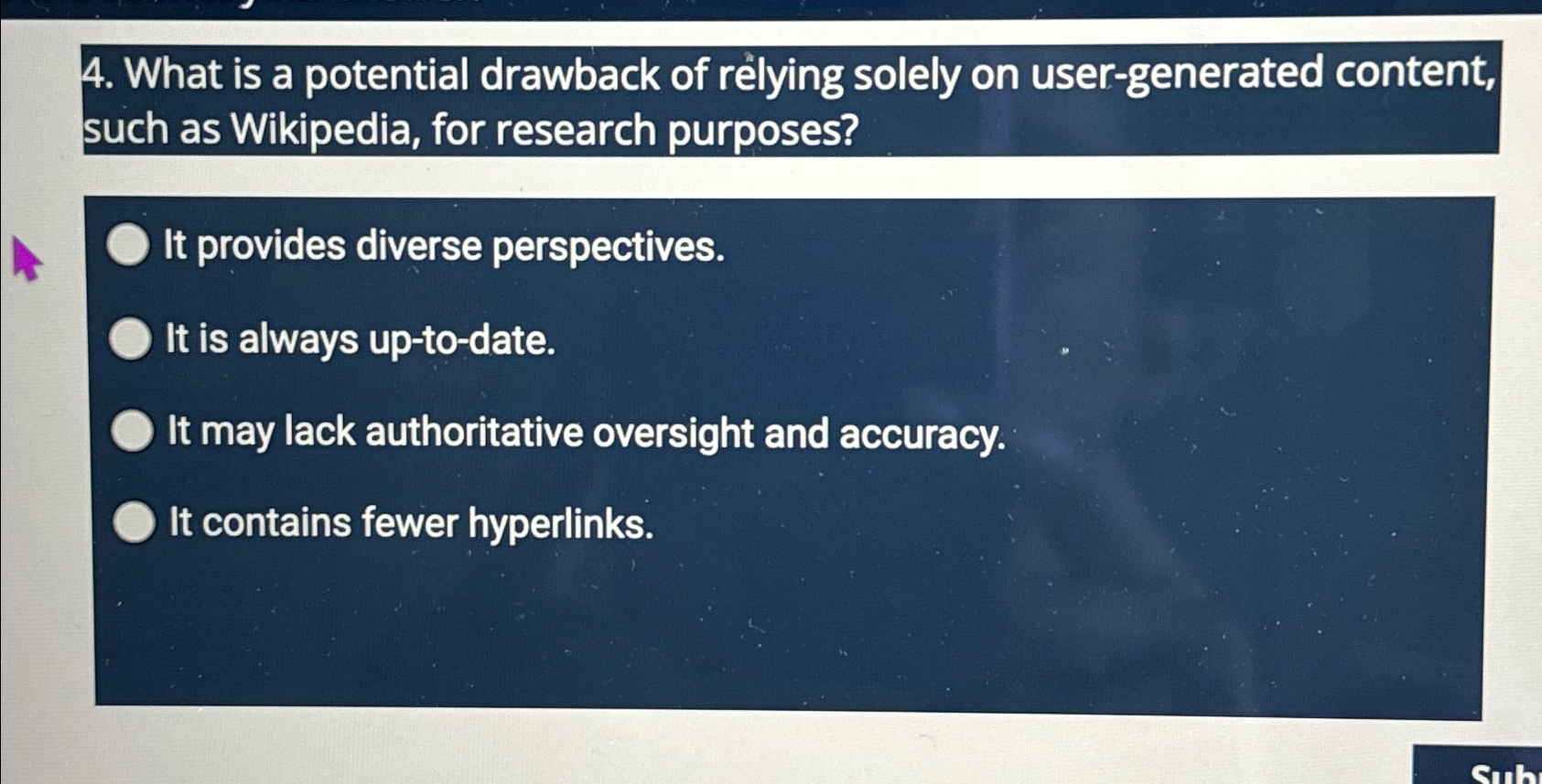 Solved What is a potential drawback of rêlying solely on | Chegg.com