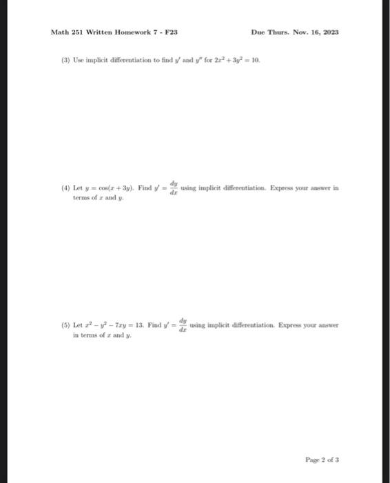 Solved Math 251 Written Homework 7 - F23 Due Thurs. Nov, 16, | Chegg.com