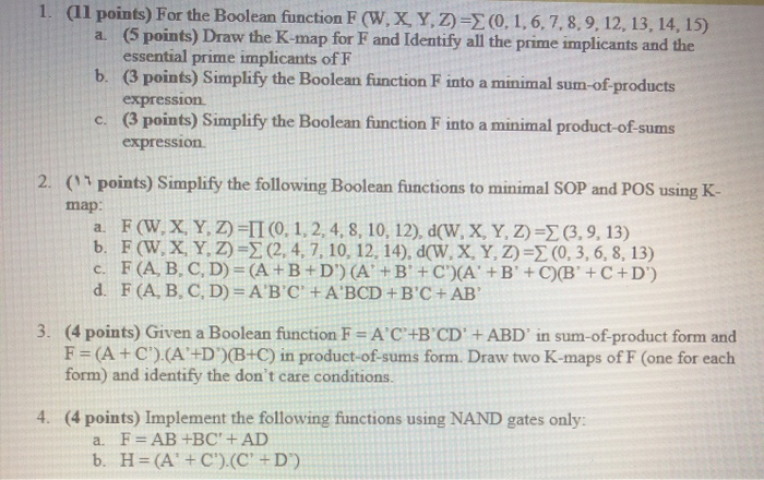 Solved 1. (11 points) For the Boolean function F(W, X, | Chegg.com