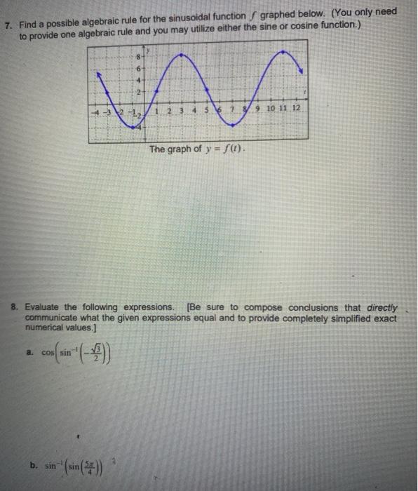 Solved 7. Find a possible algebraic rule for the sinusoidal | Chegg.com
