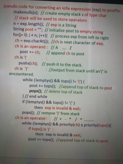 Solved pseudo code for converting an infix expression (exp) | Chegg.com