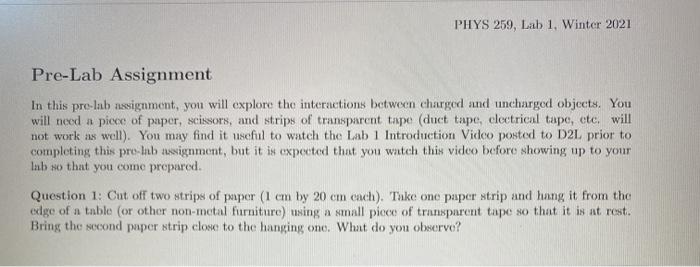 Solved PHYS 259, Lab 1, Winter 2021 Pre-Lab Assignment In | Chegg.com
