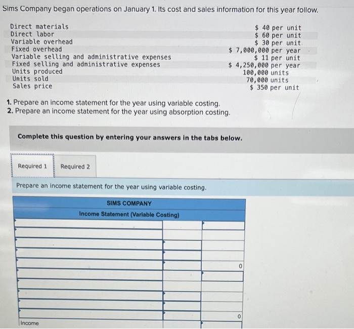 Solved Sims Company began operations on January 1 . Its cost | Chegg.com