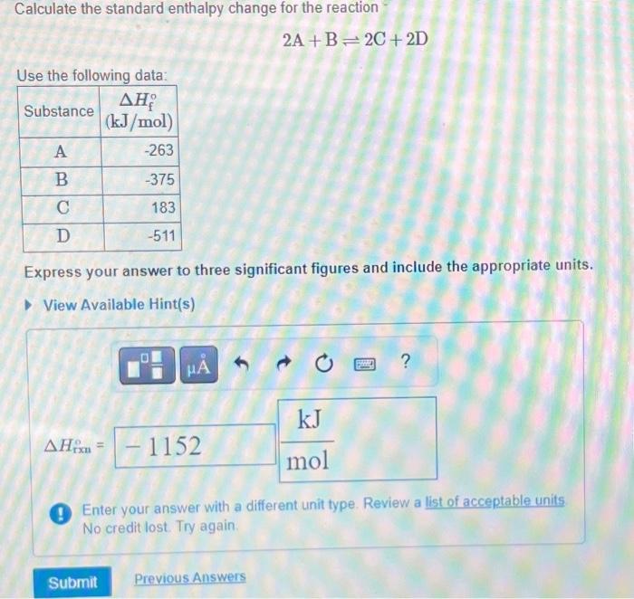 Solved Calculate the standard enthalpy change for the | Chegg.com