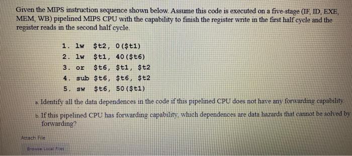 Solved Given the MIPS instruction sequence shown below. | Chegg.com