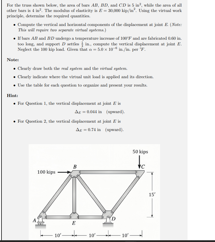Solved For the truss shown below, the area of ﻿bars AB,BD, | Chegg.com
