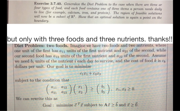 Solved Exercise 3.7.40. Generalize the Diet Problem to the | Chegg.com