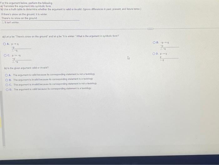 Solved For the argument below, pertorm the following a) | Chegg.com