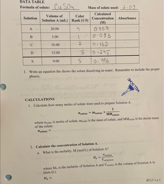 Solved DATA TABLE Formula of solute: CuSO Mass of solute | Chegg.com