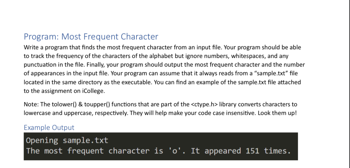 Solved Program Most Frequent Characterwrite A Program That 
