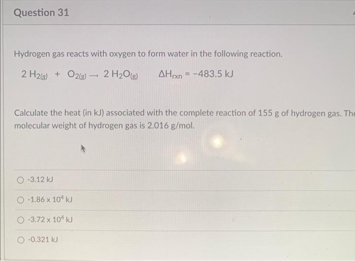 Solved Hydrogen gas reacts with oxygen to form water in the | Chegg.com