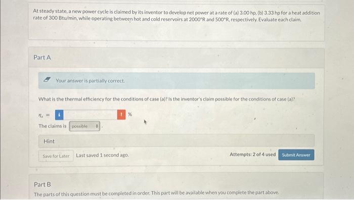 Solved At steady state, a new power cycle is claimed by its | Chegg.com