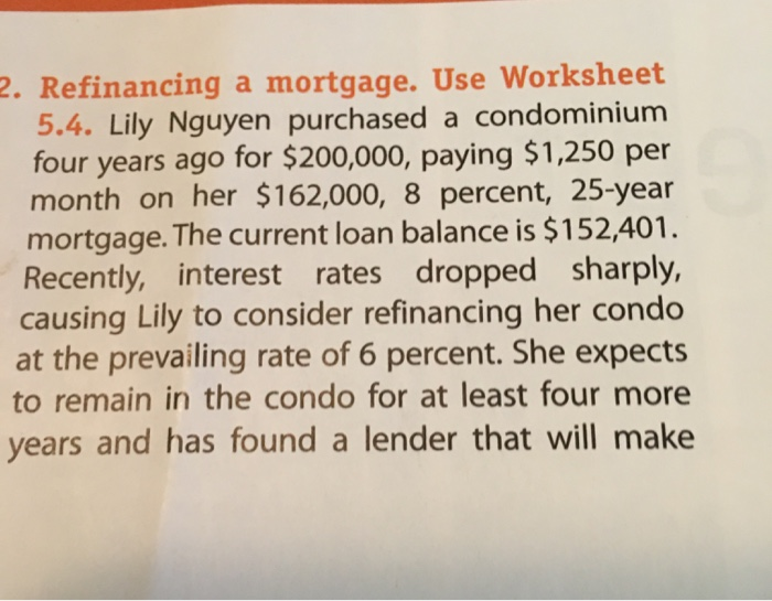 Solved 2. Refinancing a mortgage. Use Worksheet 5.4. Lily | Chegg.com