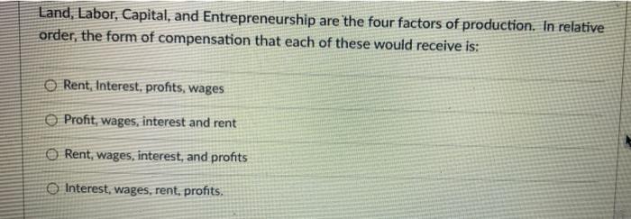 Solved Land, Labor, Capital, and Entrepreneurship are the | Chegg.com