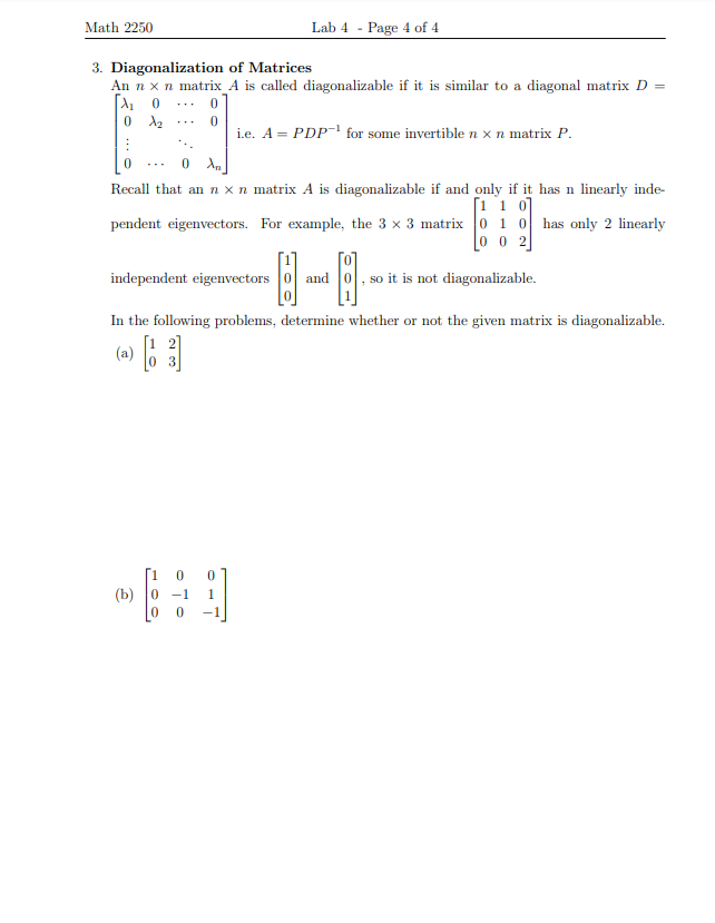 Solved Diagonalization of MatricesAn n×n ﻿matrix A ﻿is | Chegg.com