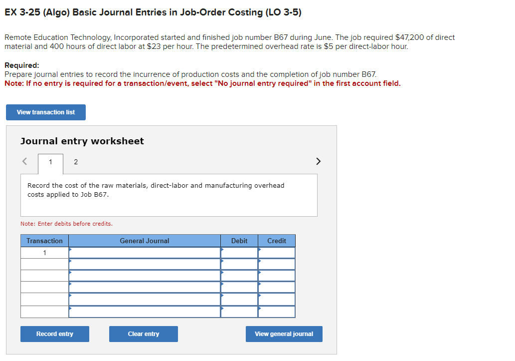 Solved EX 3-25 (Algo) ﻿Basic Journal Entries in Job-Order | Chegg.com