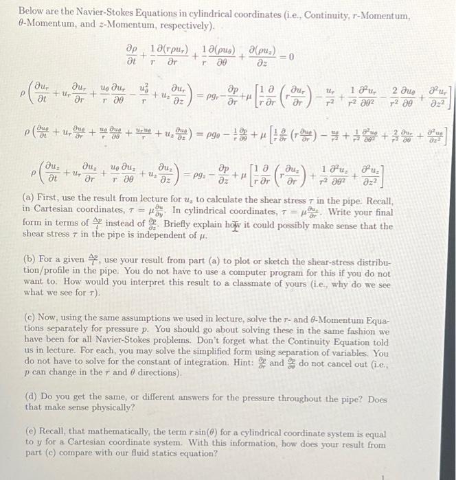 Below are the Navier-Stokes Equations in cylindrical | Chegg.com