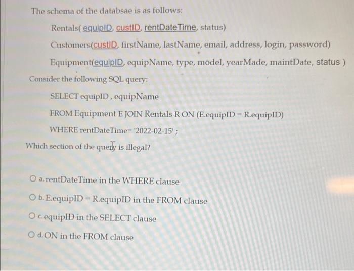 The schema of the databsae is as follows: Rentals( | Chegg.com