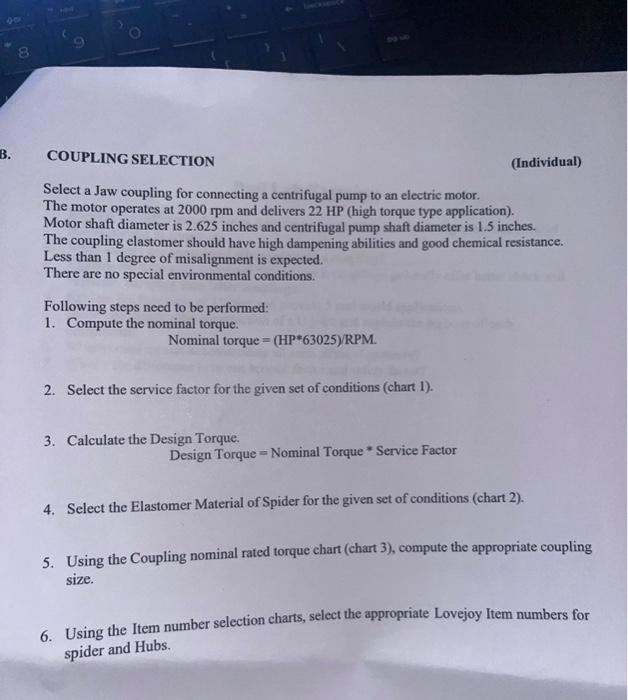 Solved COUPLING SELECTION (Individual) Select a Jaw coupling | Chegg.com