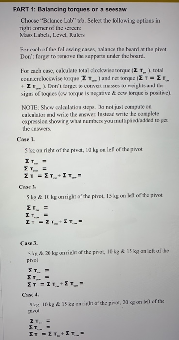 Solved PART 1: Balancing torques on a seesaw Choose "Balance | Chegg.com
