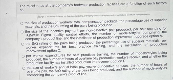 Solved The reject rates at the company's footwear production | Chegg.com