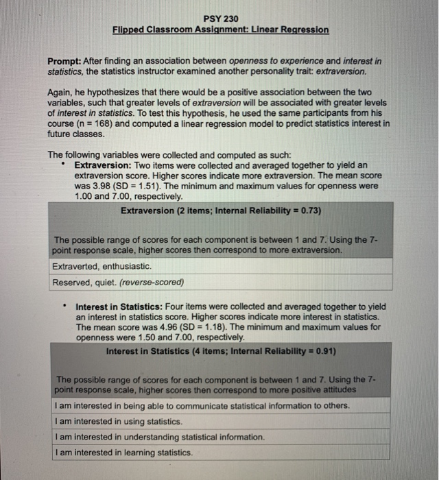 Solved PSY 230 Flipped Classroom Assignment: Linear | Chegg.com