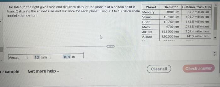 Solved The table to the right gives size and distance data | Chegg.com
