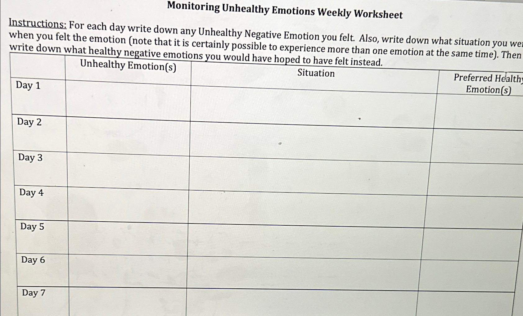 Solved Monitoring Unhealthy Emotions Weekly | Chegg.com