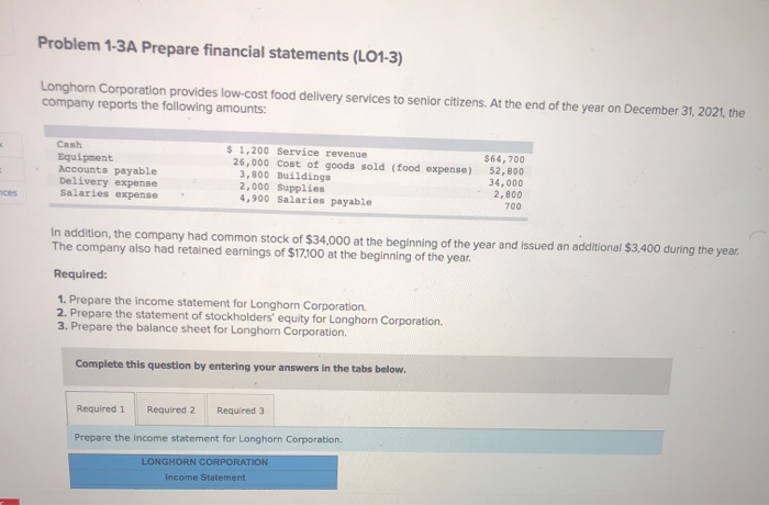 Solved Problem 1-3A Prepare financial statements (L01-3) | Chegg.com