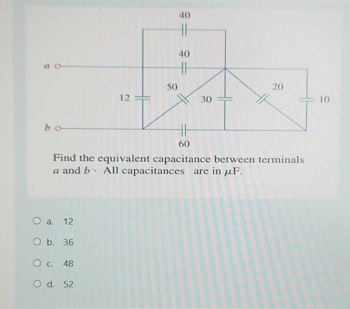 Solved Find the equivalent capacitance between terminals a | Chegg.com