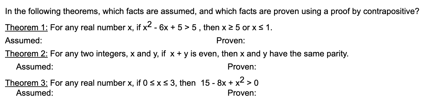 Solved In the following theorems, which facts are assumed, | Chegg.com