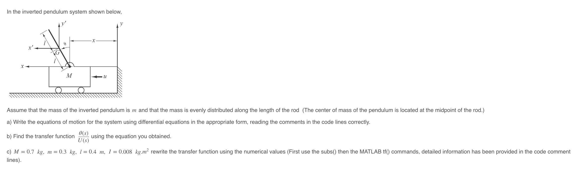 Inverted pendulum system% (M) ﻿ mass of | Chegg.com