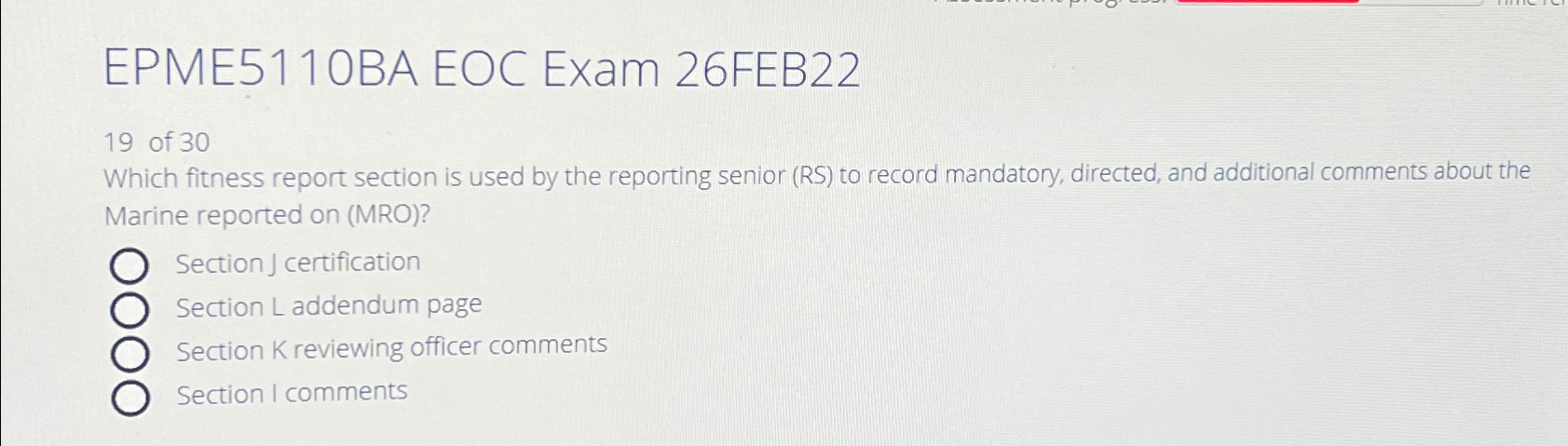 Solved EPME5110BA EOC Exam 26FEB2219 ﻿of 30Which fitness | Chegg.com