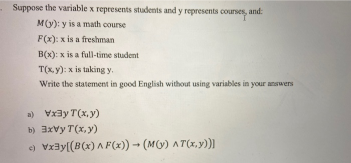 Solved Suppose the variable x represents students and y | Chegg.com