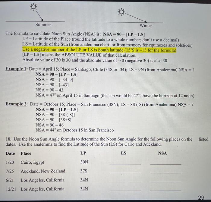 Solved Summer Winter The formula to calculate Noon Sun Angle | Chegg.com