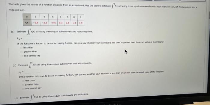 Solved midpoint sum, (a) Estimate ∫39π(x) dr using three | Chegg.com