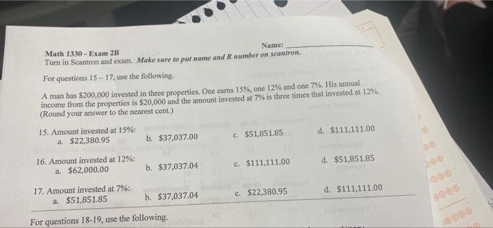 Solved Math 1330 - Exam 2B Name: Turn in Scantron and exam. | Chegg.com