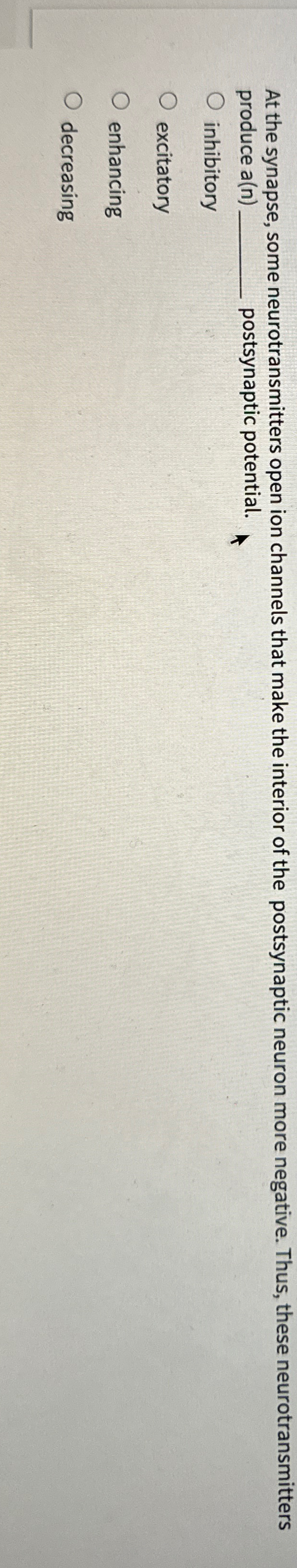 Solved At the synapse, some neurotransmitters open ion | Chegg.com