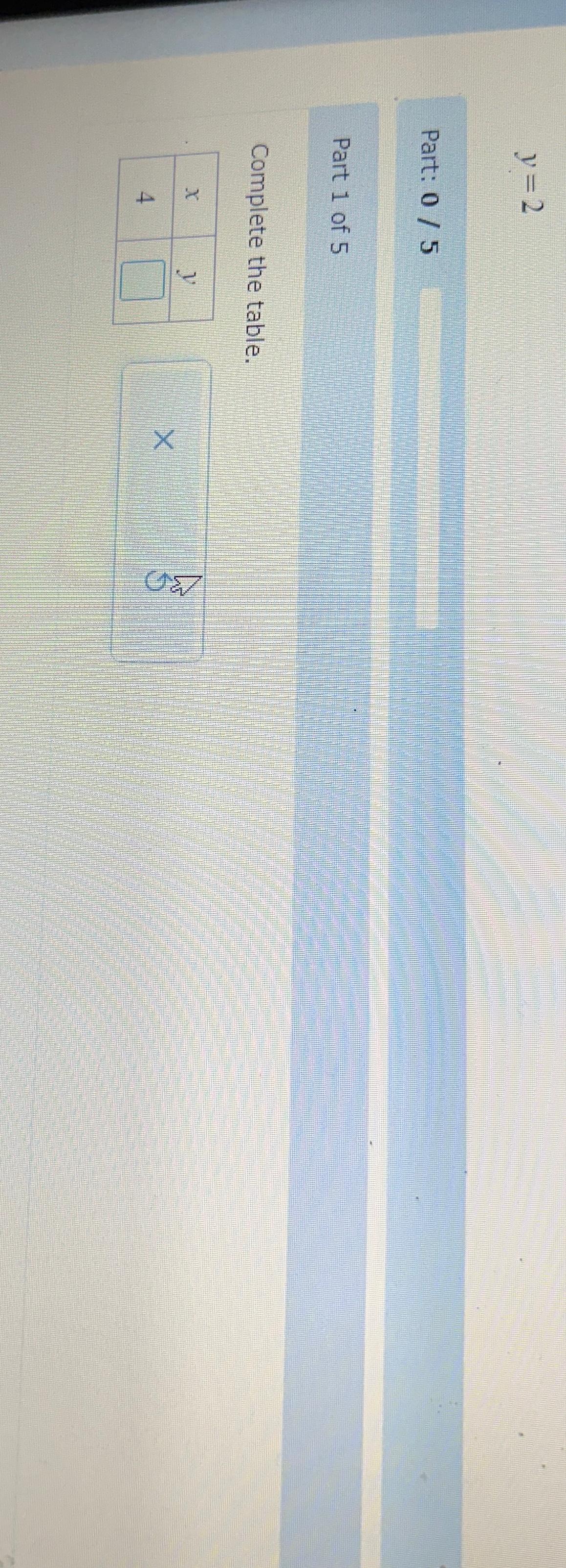 y=2Part: 05Part 1 ﻿of 5Complete the table.\table[[x,y | Chegg.com