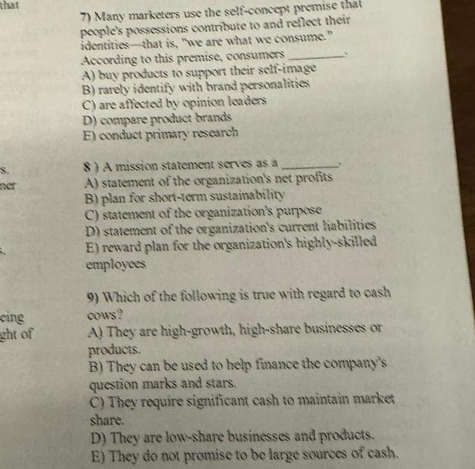 Solved thatMany marketers use the self-onncept premise that | Chegg.com