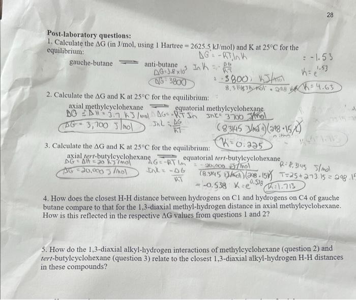 Solved Post-laboratory questions: 1. Calculate the ΔG (in | Chegg.com