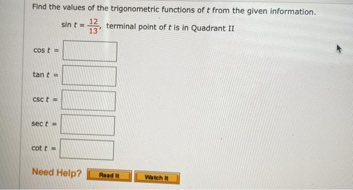 Solved Find the values of the trigonometric functions of t | Chegg.com