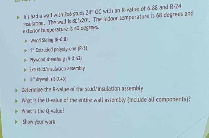 Solved If I had a wall with 2×6 studs 24′′OC with an R-value | Chegg.com