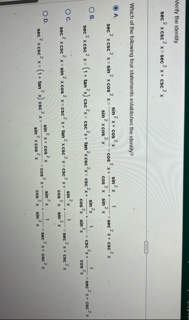 Solved Verify the identity.sec2xcsc2x=sec2x csc2xWhich of | Chegg.com