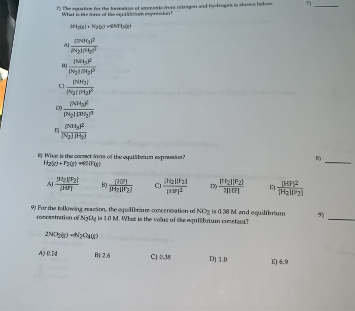 Solved 7) The equation for the formation of ammonia from | Chegg.com