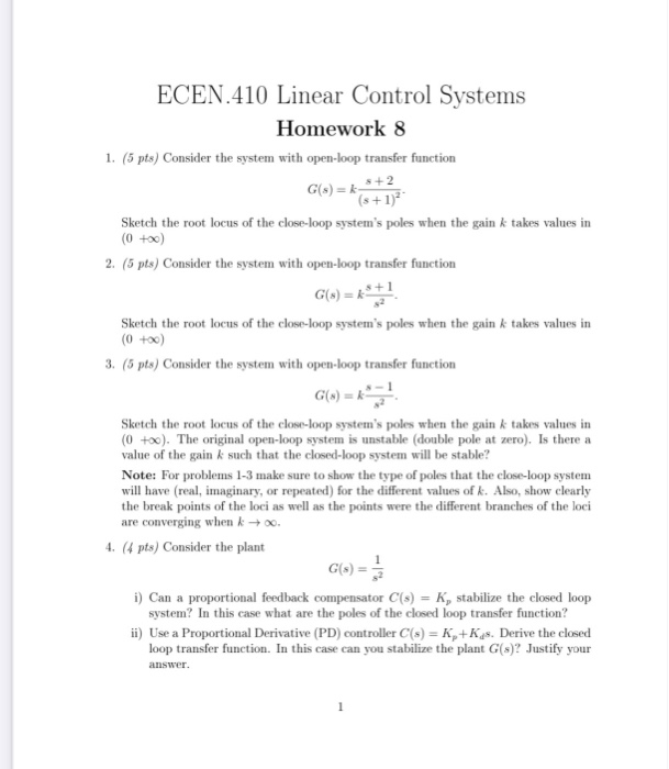 Solved ECEN.410 Linear Control Systems Homework 8 1. (5 pts) | Chegg.com