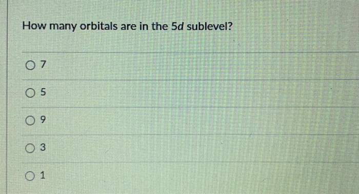 Solved How many orbitals are in the 5d sublevel? 07 O 5 09 O | Chegg.com