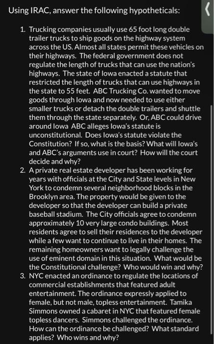 Solved Using IRAC, answer the following hypotheticals: 1. | Chegg.com