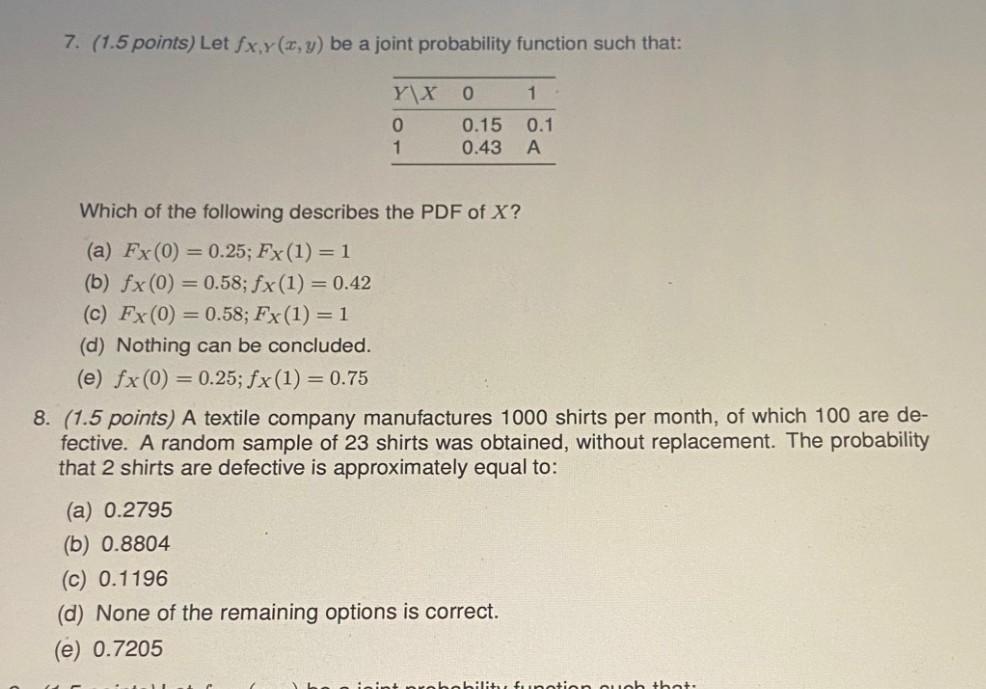 Solved 7. (1.5 points) Let fX,Y(x,y) be a joint probability | Chegg.com