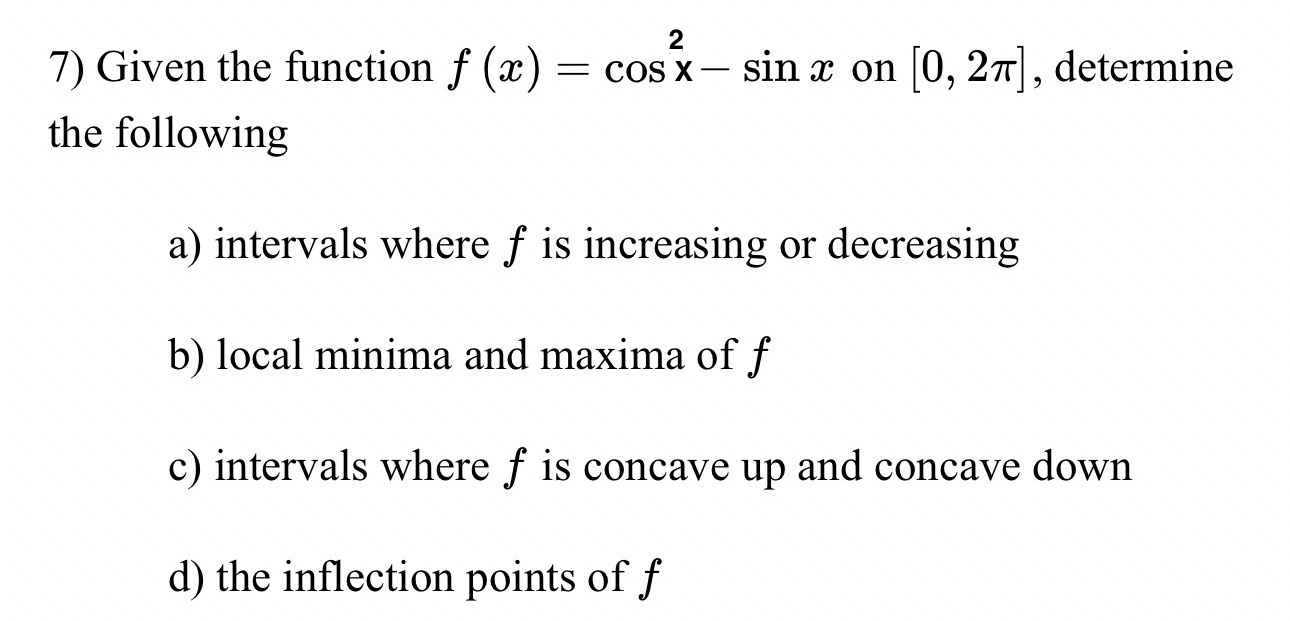 Solved Given the function f(x)=cos2x-sinx ﻿on 0,2π, | Chegg.com